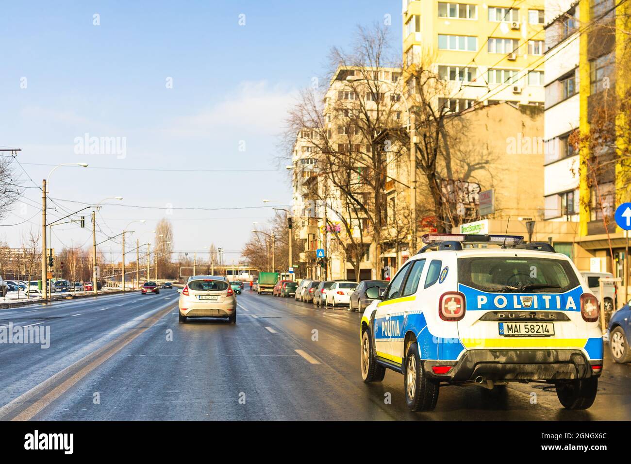 Romanian police (Politia Rutiera) car patrolling streets in Bucharest ...
