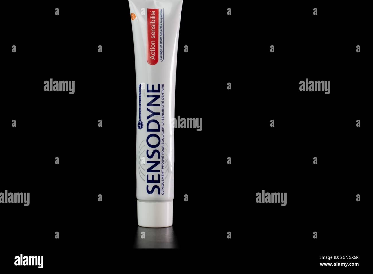 Sensodyne toothpaste tube on black background. Bucharest, Romania, 2021 ...