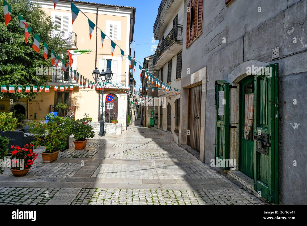 A narrow street in Monteroduni, a medieval town of Molise region, Italy ...