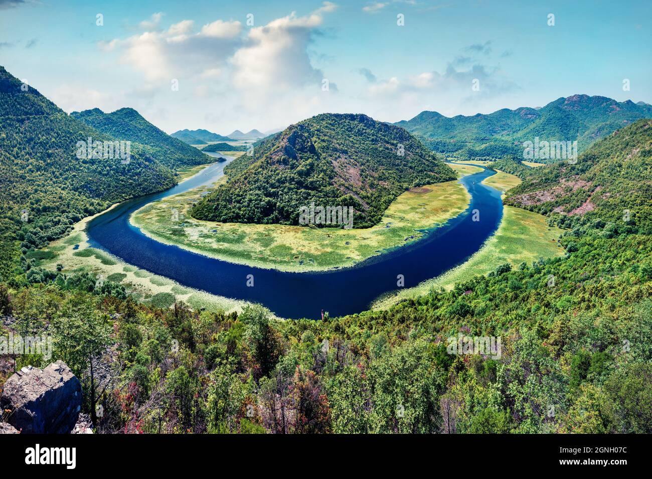 Aerial view of Canyon of Rijeka Crnojevica river, Skadar lake lacation. Fantastic summer scene ...