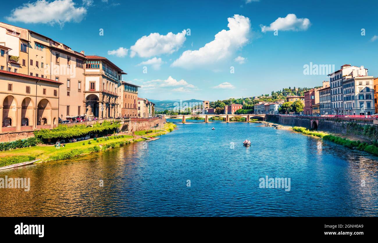 Splendid morning scene with Ponte alle Grazie bridge over Arno river ...