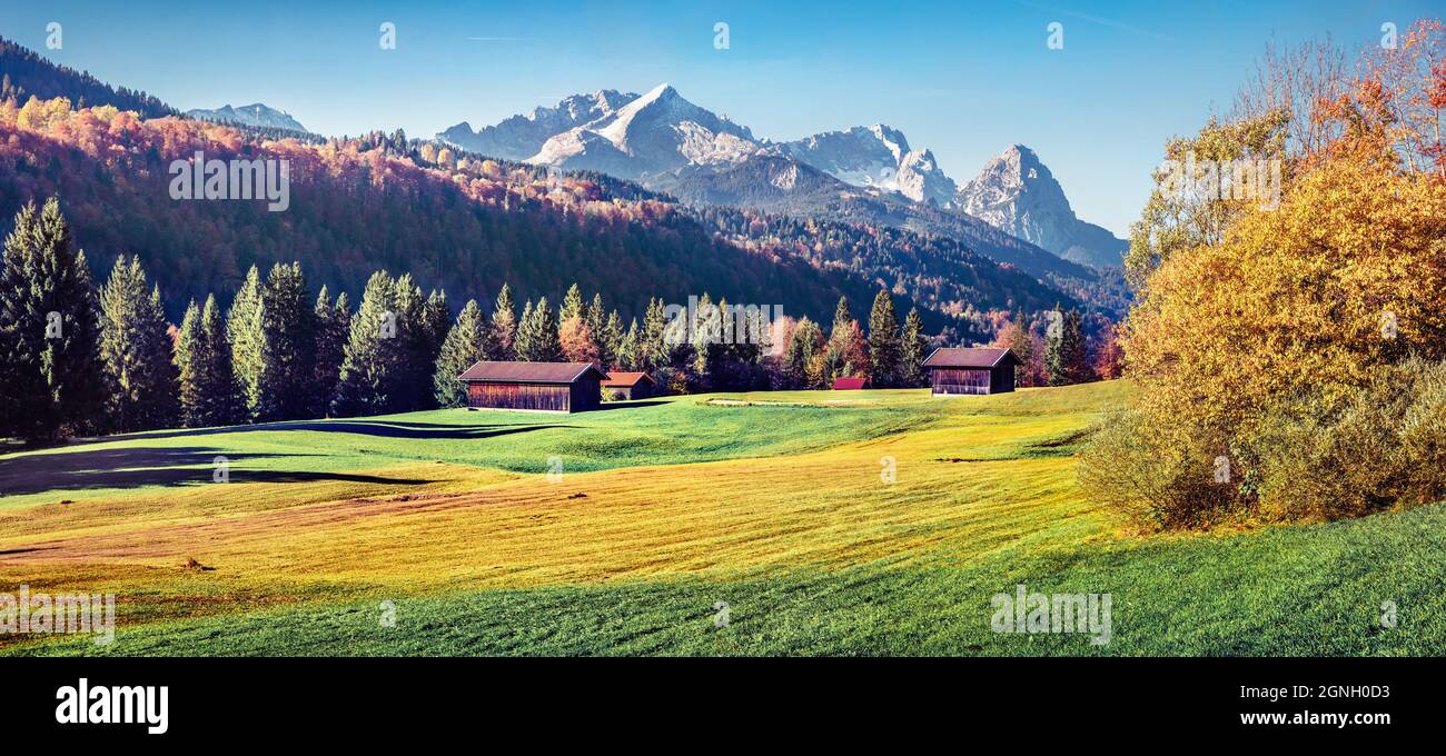 Captivating morning scene of Zugspitze mountain range. Panoramic autumn ...