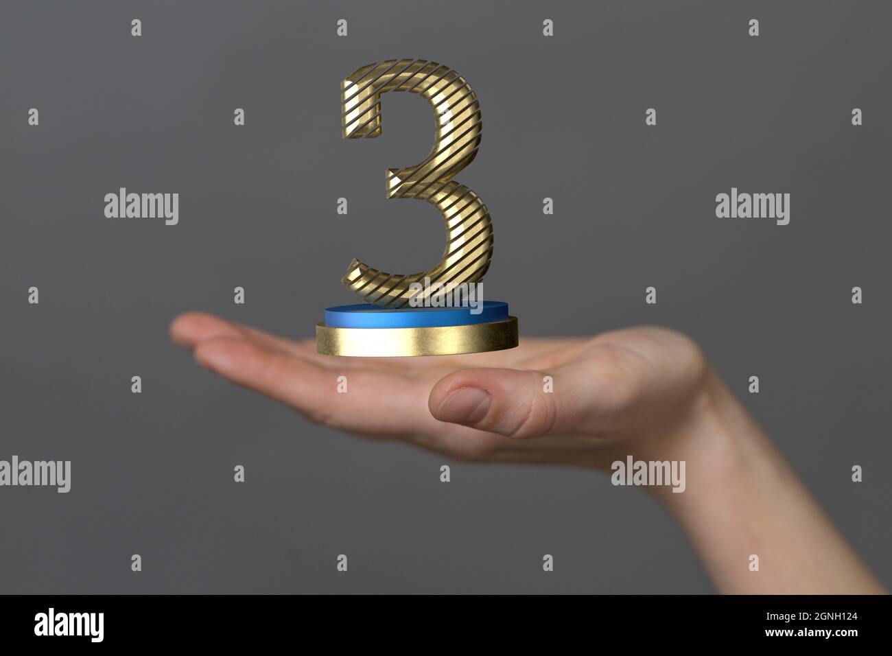 3d rendering of a 3rd place trophy on a hand Stock Photo - Alamy