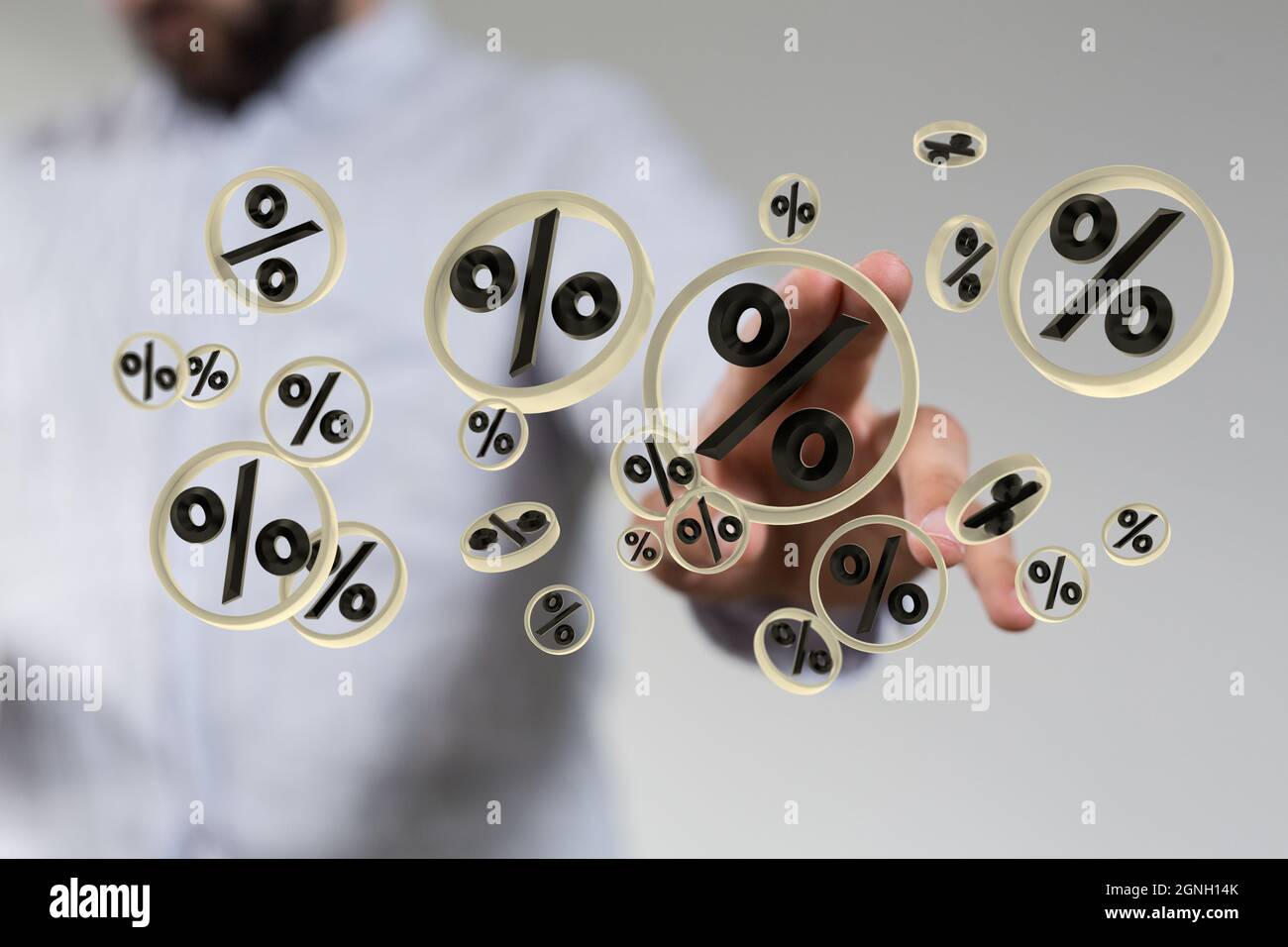 3d rendering of percent icons, floating near a hand Stock Photo - Alamy