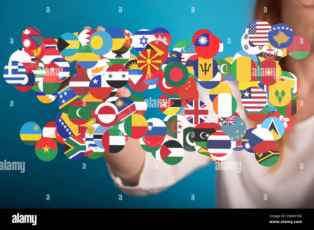 3d rendering of Globe International world flags near a hand Stock Photo ...