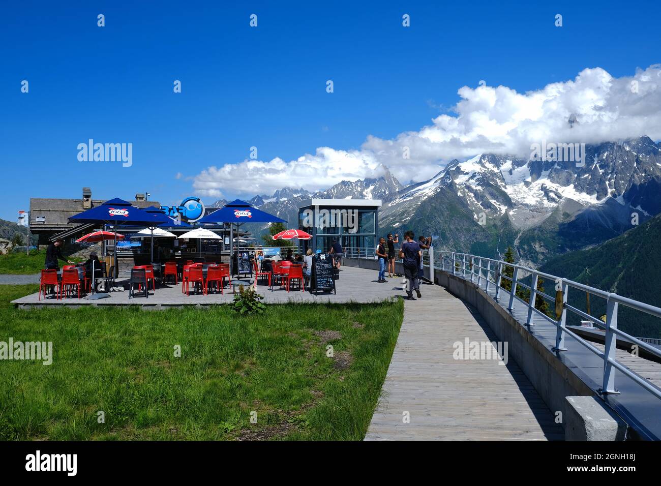 Chamonix, France - July 10, 2021. Brevent cable car station against the ...