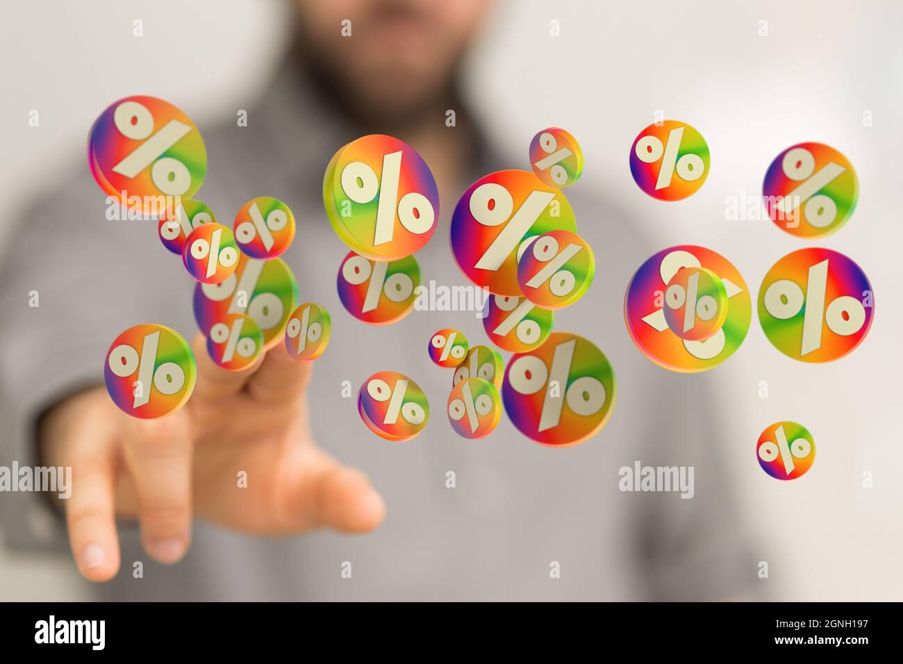 3d rendering of percent icons, floating near a hand Stock Photo - Alamy