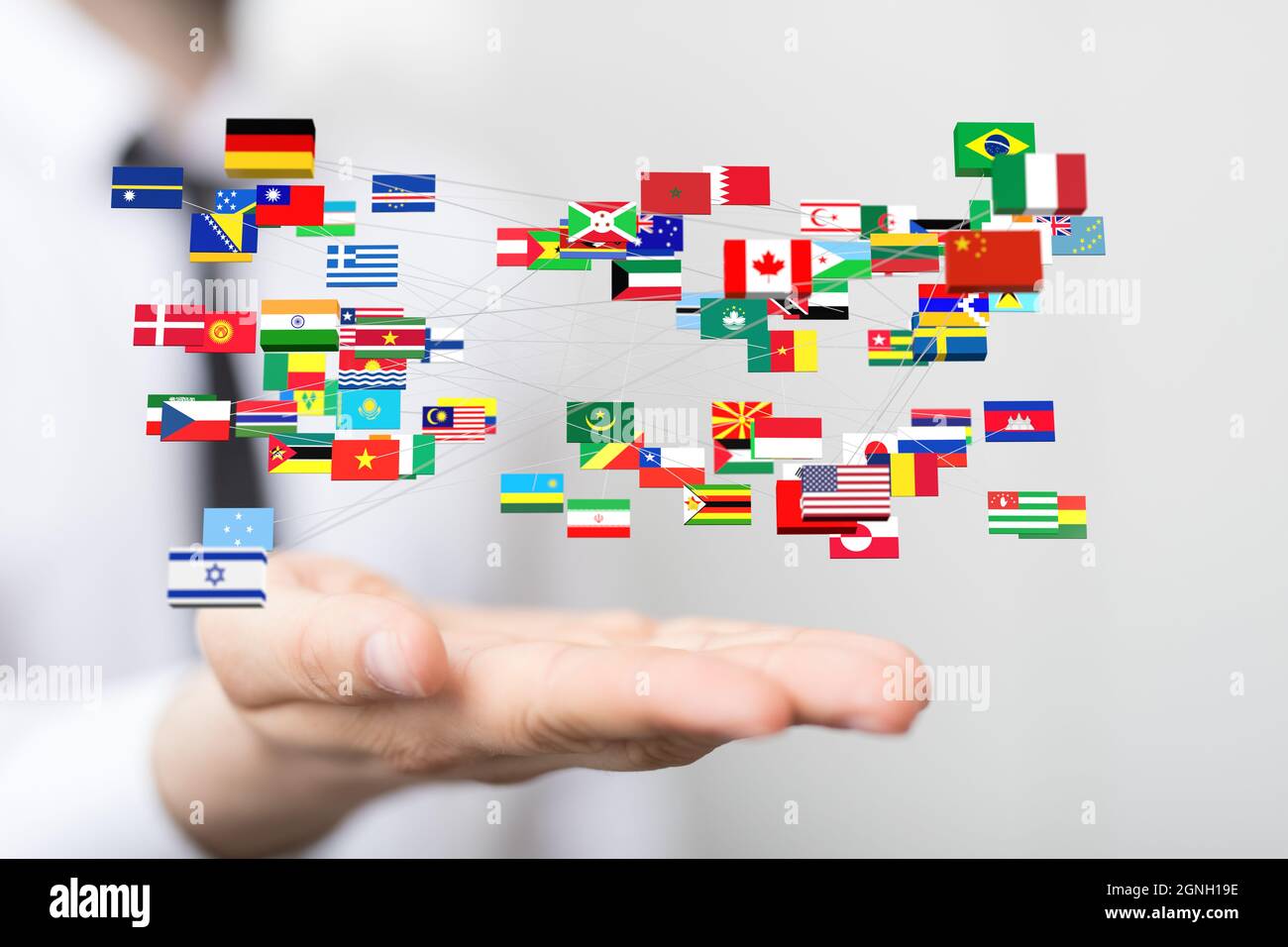 3d rendering of Globe International world flags near a hand Stock Photo ...