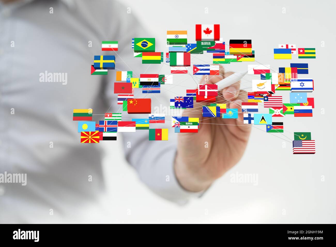 3d rendering of Globe International world flags near a hand Stock Photo ...