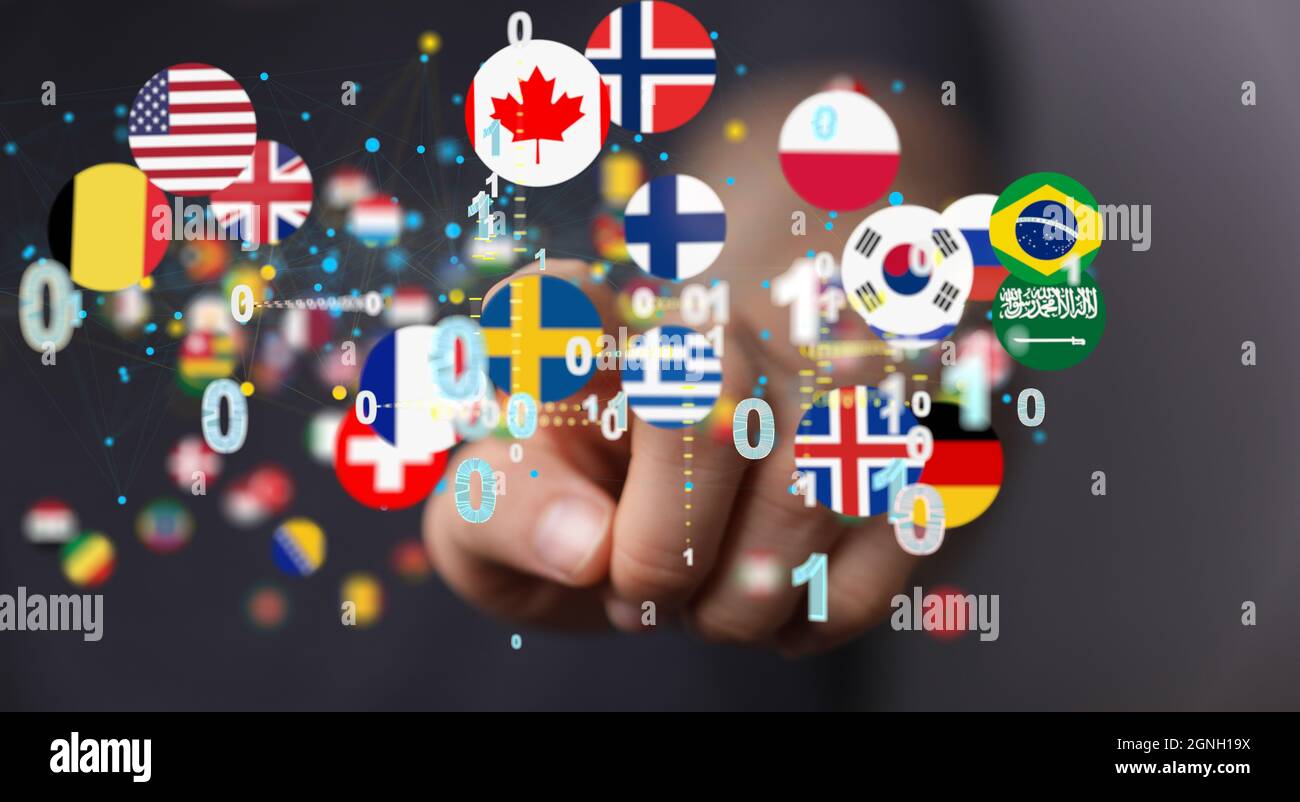 3d rendering of Globe International world flags near a hand Stock Photo ...