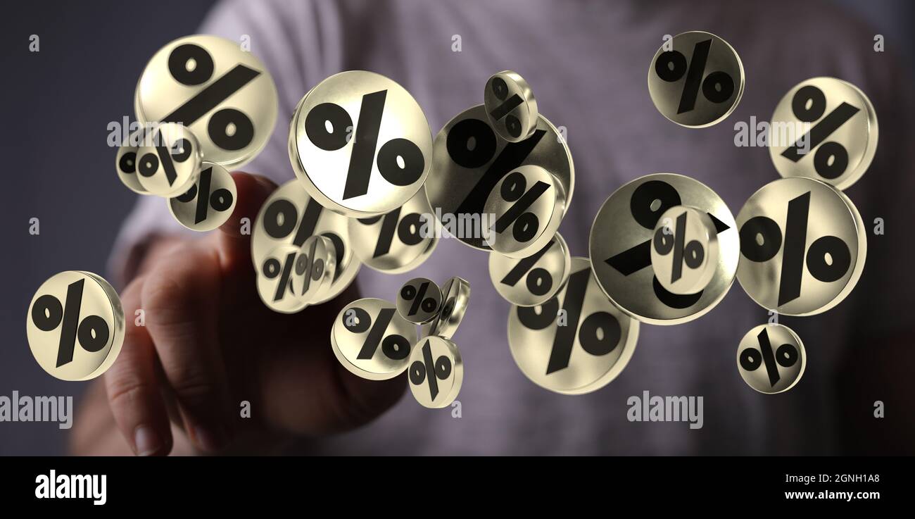 3d rendering of percent icons, floating near a hand Stock Photo - Alamy