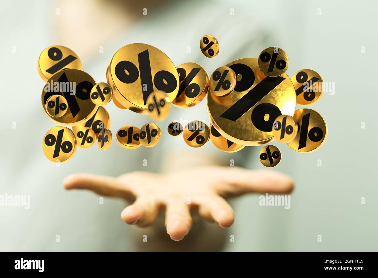 3d rendering of percent icons, floating near a hand Stock Photo - Alamy