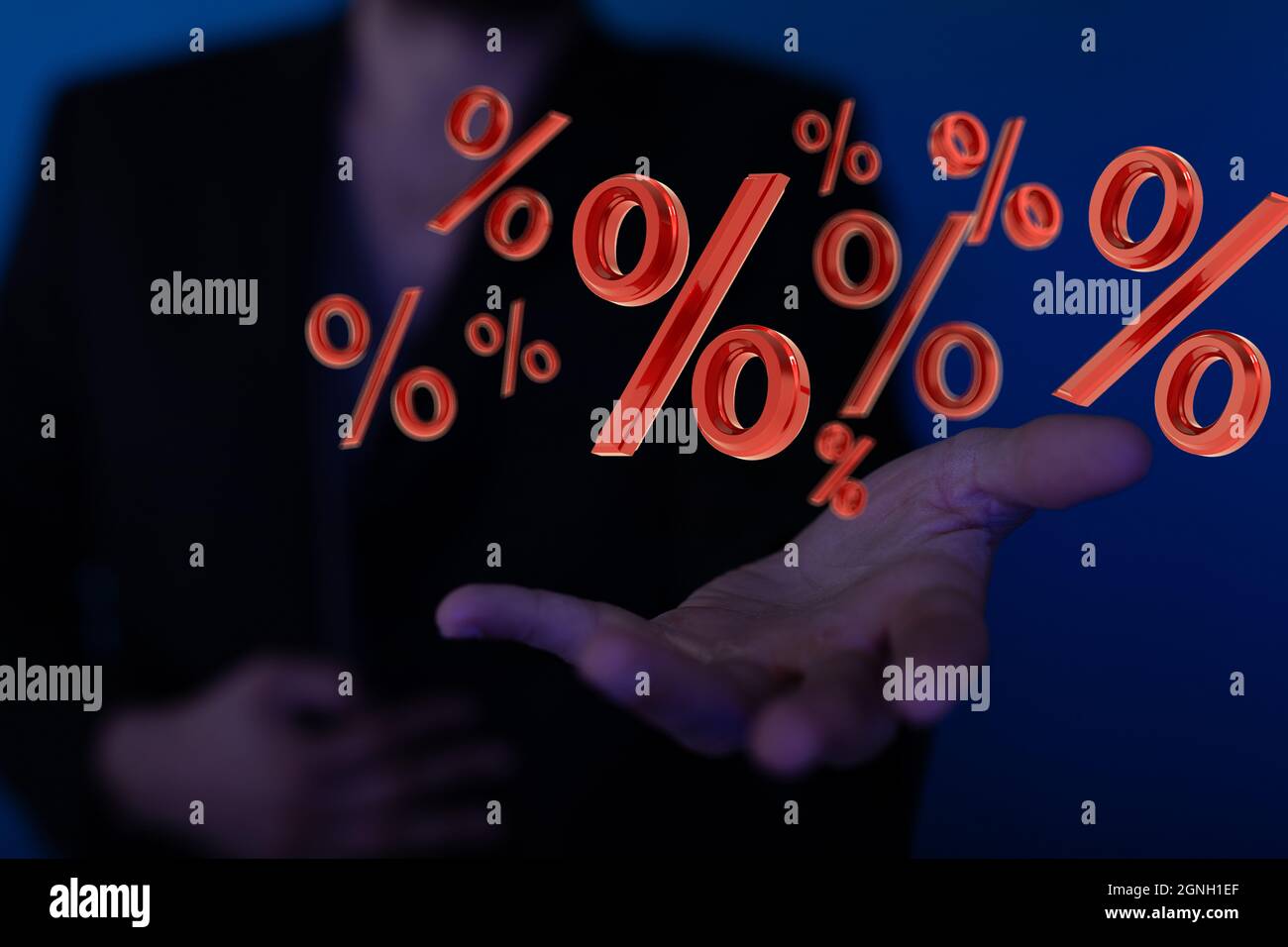 3d rendering of percent icons, floating near a hand Stock Photo - Alamy