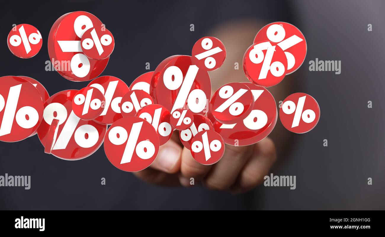 3d rendering of percent icons, floating near a hand Stock Photo - Alamy