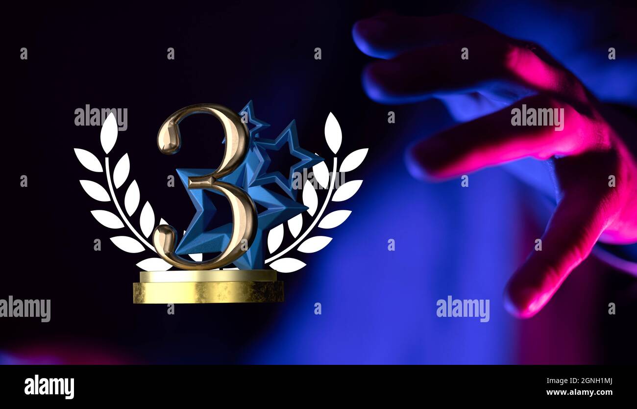 3d rendering of a 3rd place trophy near a hand Stock Photo - Alamy