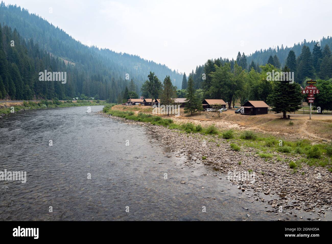 Cabins along the Lochsa River at the Three Rivers Resort in Lowell ...