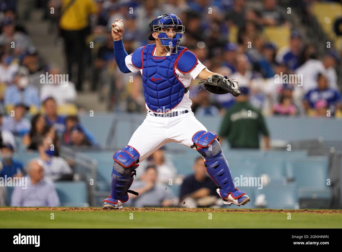 Los Angeles Dodgers catcher Austin Barnes (15) throws the ball against ...