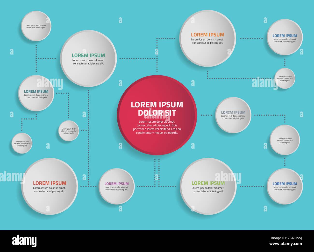 Mind map visualization template with red and gray circles and dotted ...