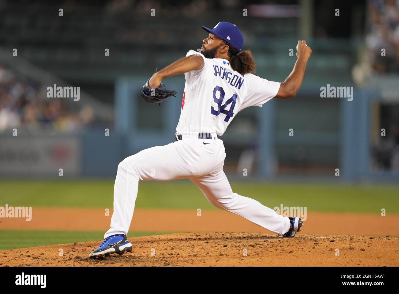 Los Angeles Dodgers pitcher Andre Jackson (94) throws in his MLB debut ...
