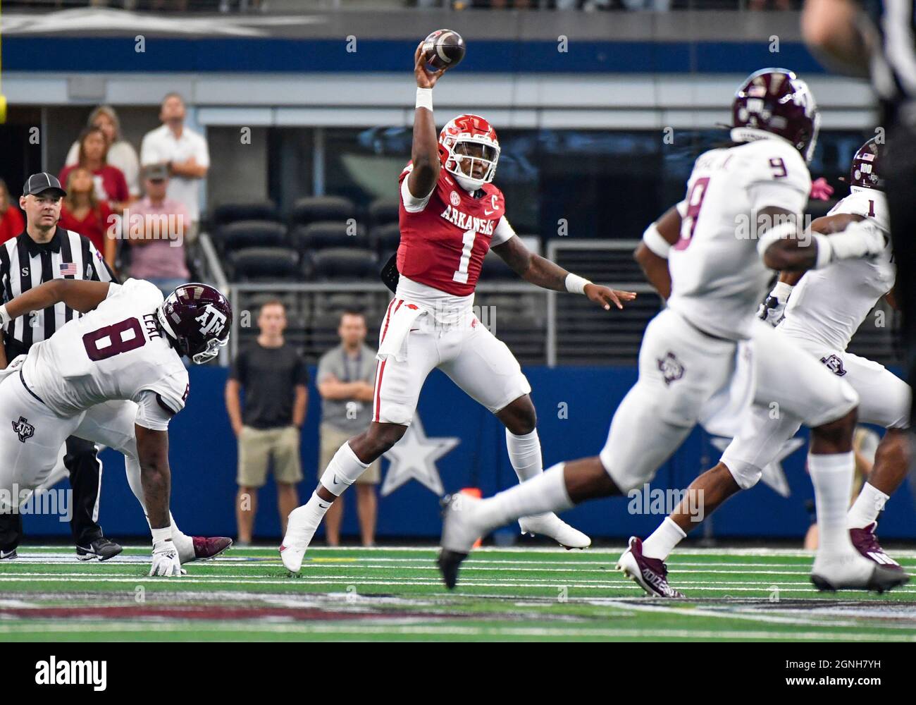 September 25, 2021: Arkansas quarterback KJ Jefferson #1 passes on the ...
