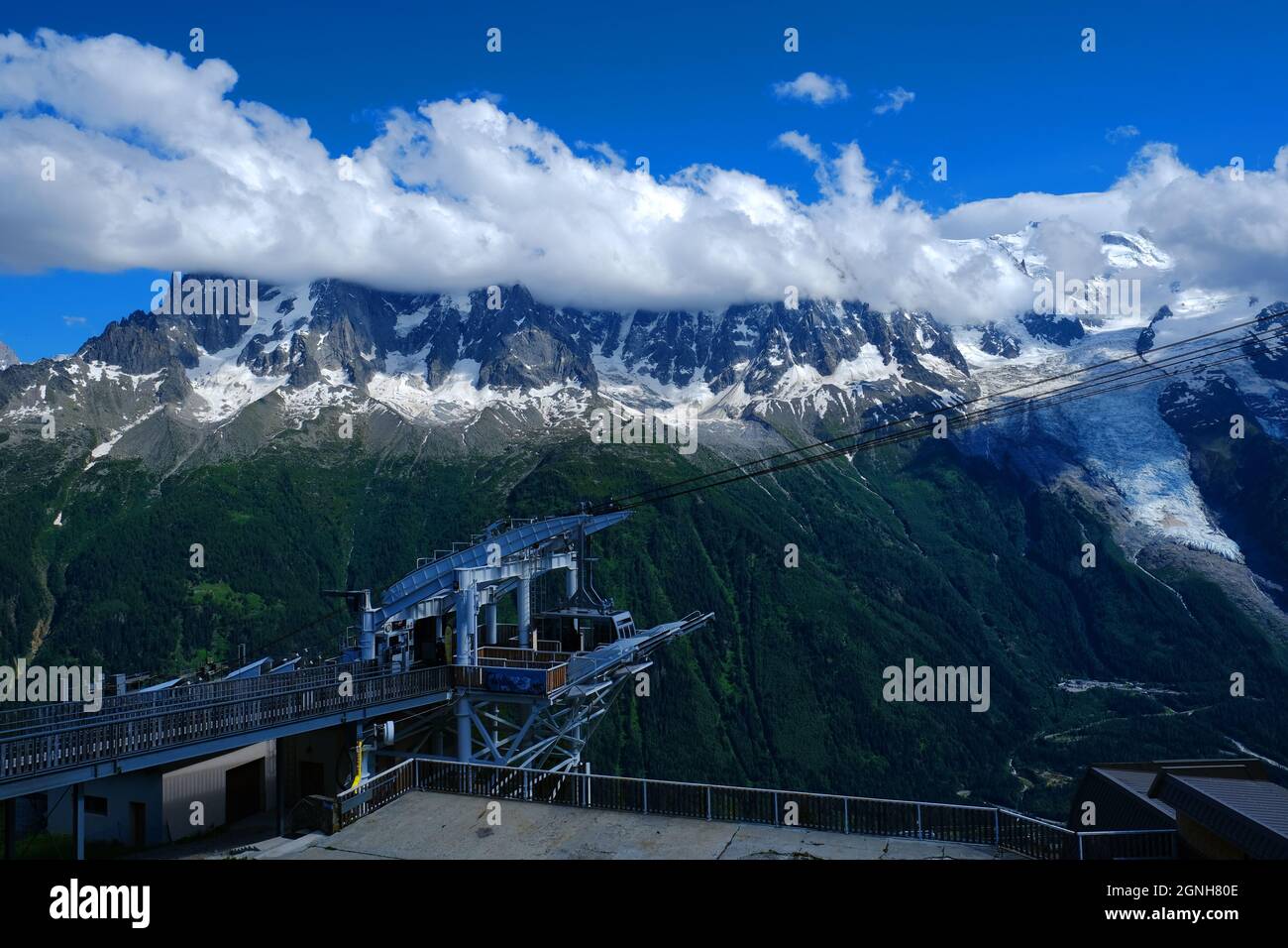 Chamonix, France - July 10, 2021. Brevent cable car station against the ...