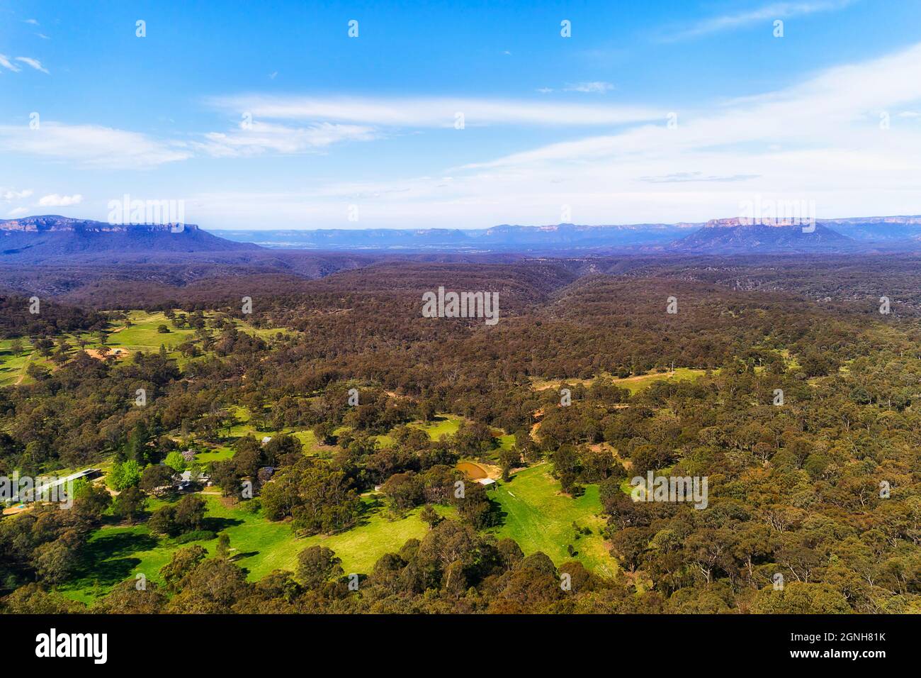 Wide Capertee valley in the Blue Mountains of Australia - scenic aerial ...