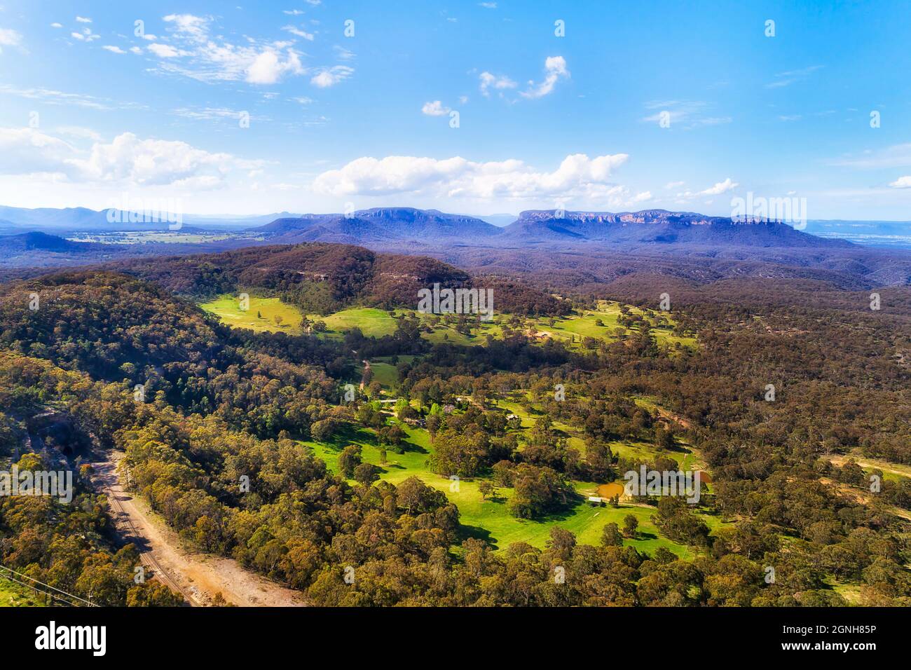 Distant sandstone mountains plateau in Blue Mountains of Australia ...