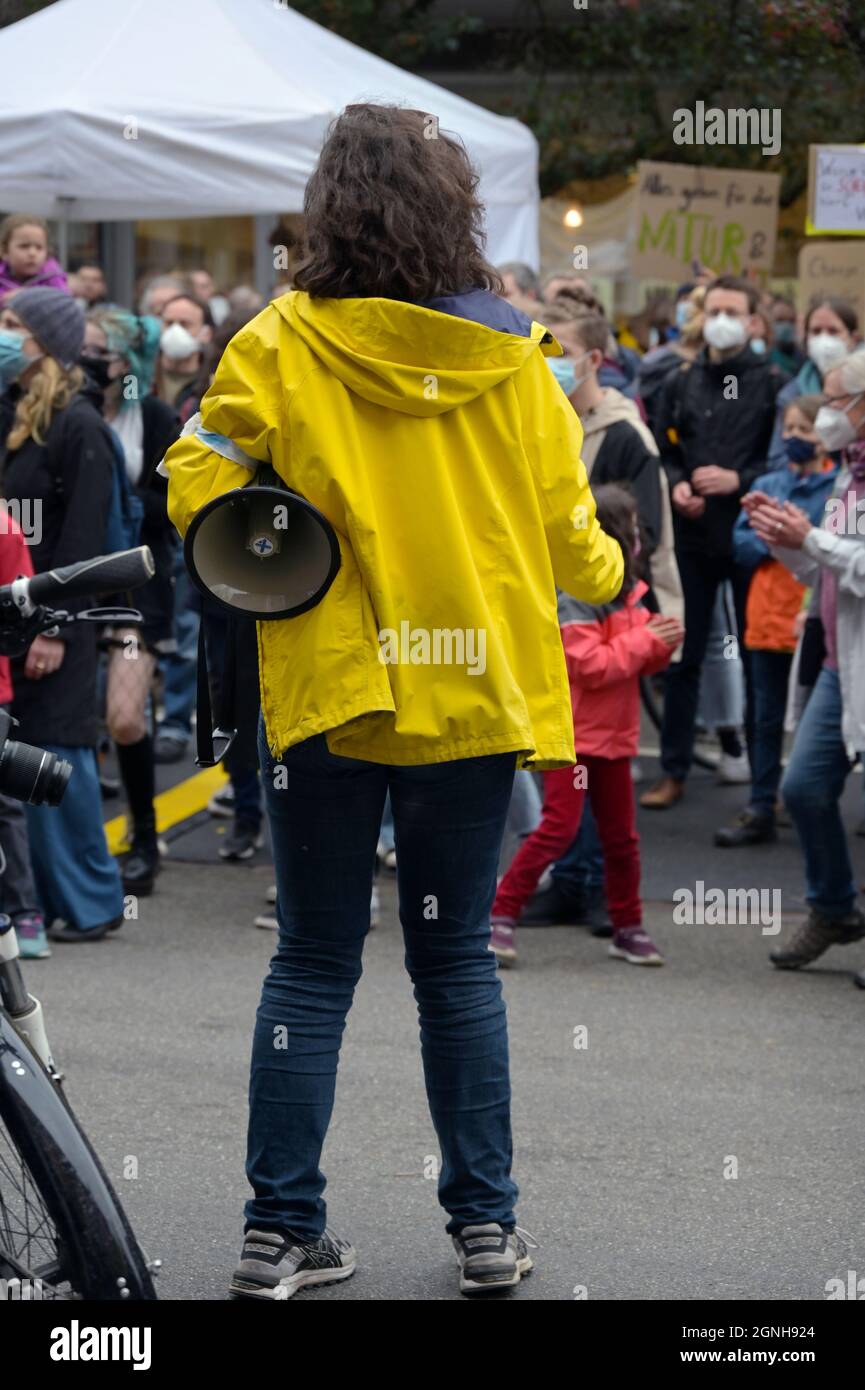 Lubeck, Germany, September 24, 2021: Young woman with megaphone from ...