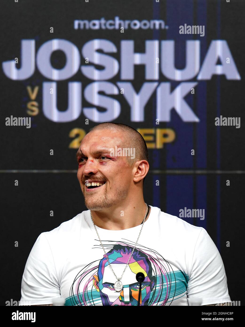 Oleksandr Usyk during a press conference after winning the WBA, WBO ...
