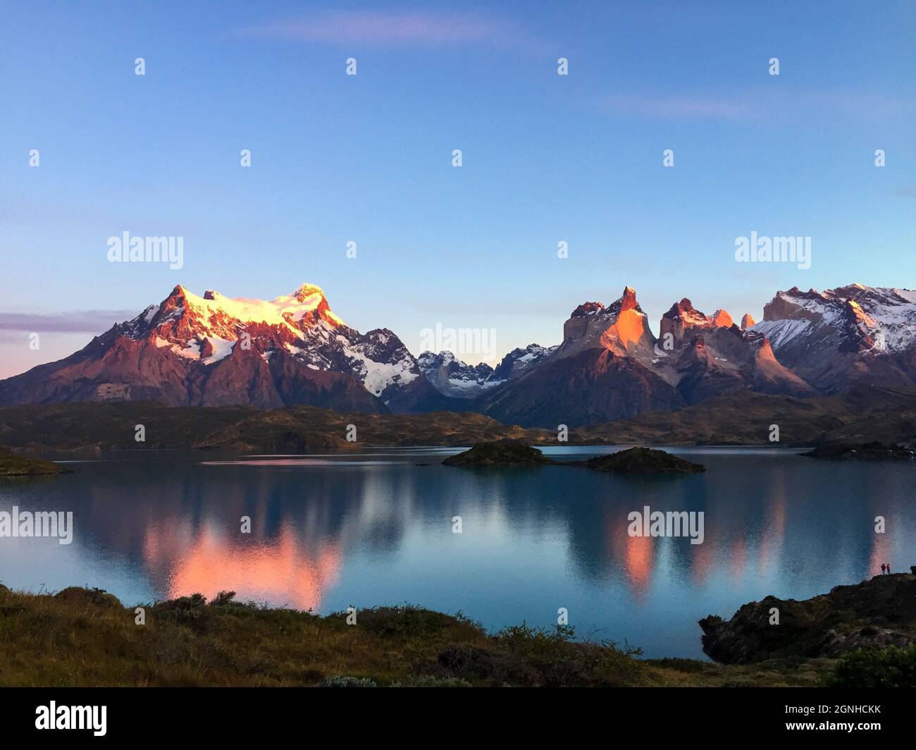 sunrise at Lago Pehoe, Torres del Paine national park, Chile Stock ...