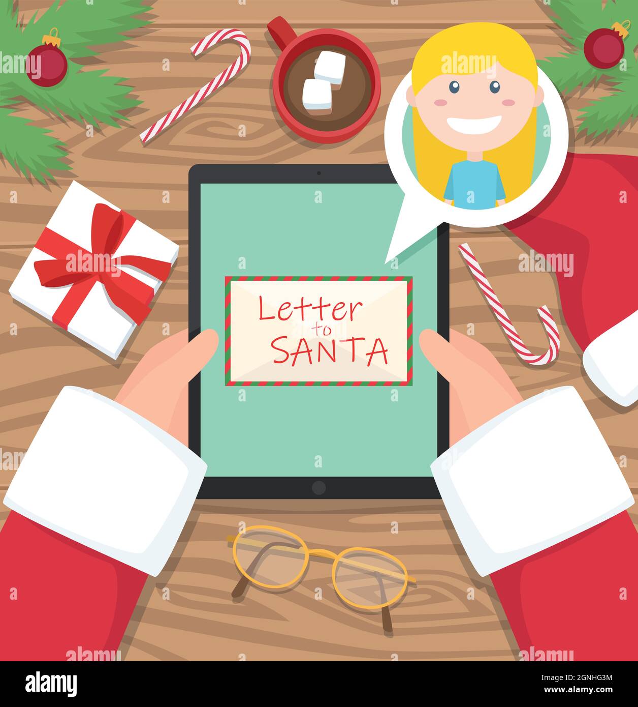 Santa claus is holding tablet with letter from young girl - vector flat ...