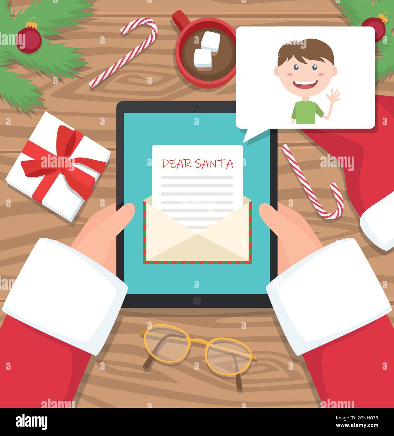 Santa claus is sitting at his workplace desk and receiving letter on ...