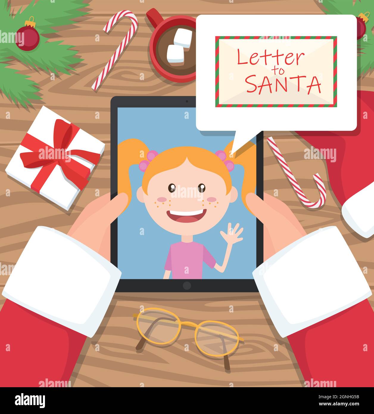 Vector, flat design illustration of Santa Claus is holding tablet and ...