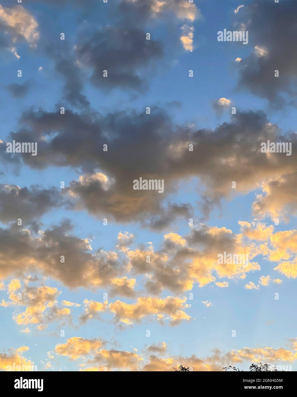 Beautiful sky with illuminated popcorn clouds at sunset Stock Photo - Alamy