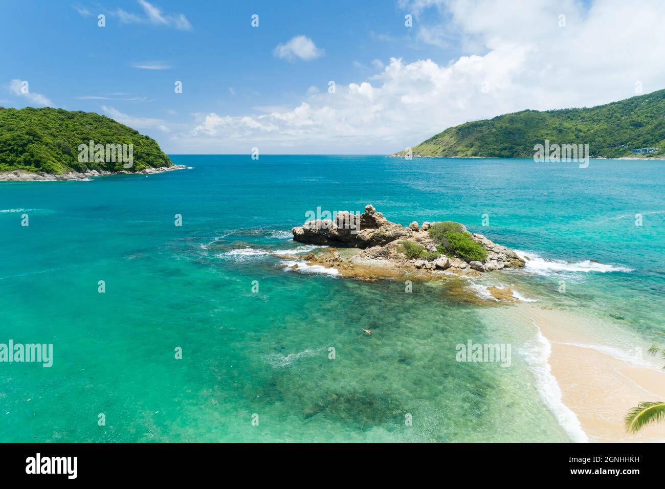 Aerial view Drone camera of seashore rocks in Phuket ocean Sea waves on ...