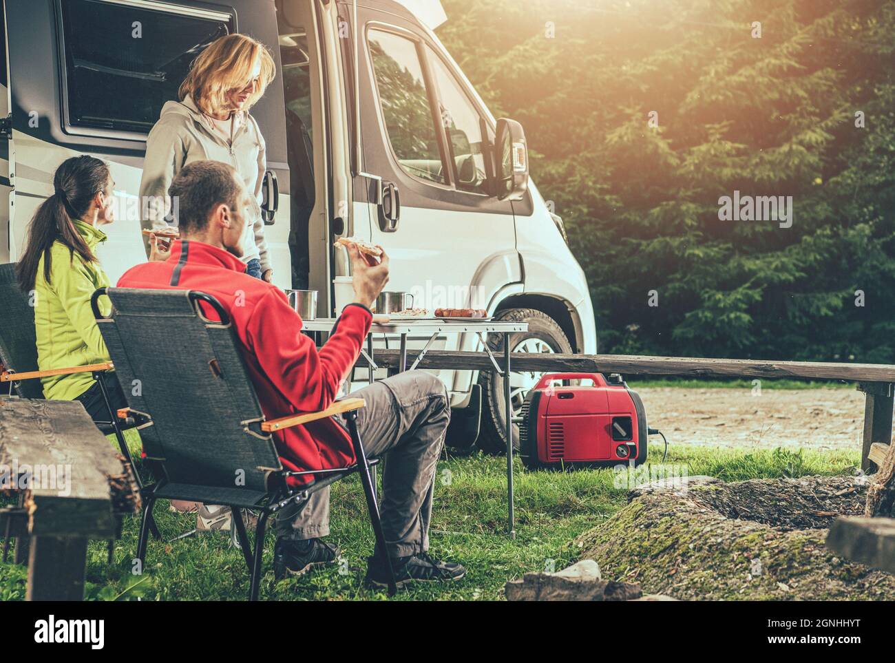 Three Caucasian Friends in Their 40s on RV Road Trip. Overnight Dry ...