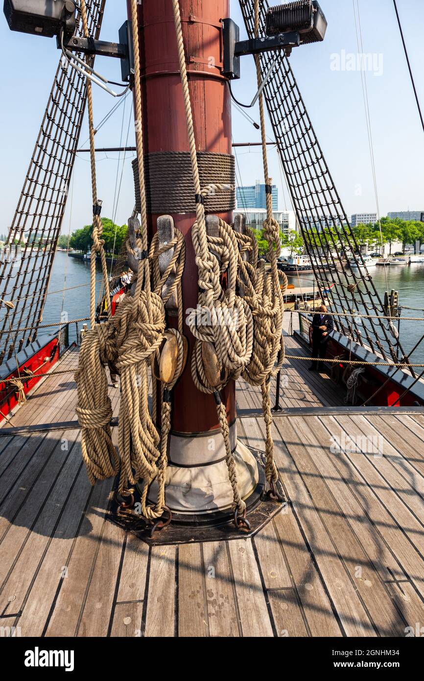 classic tall ship with rope rigging and sails. and crows nest Stock ...