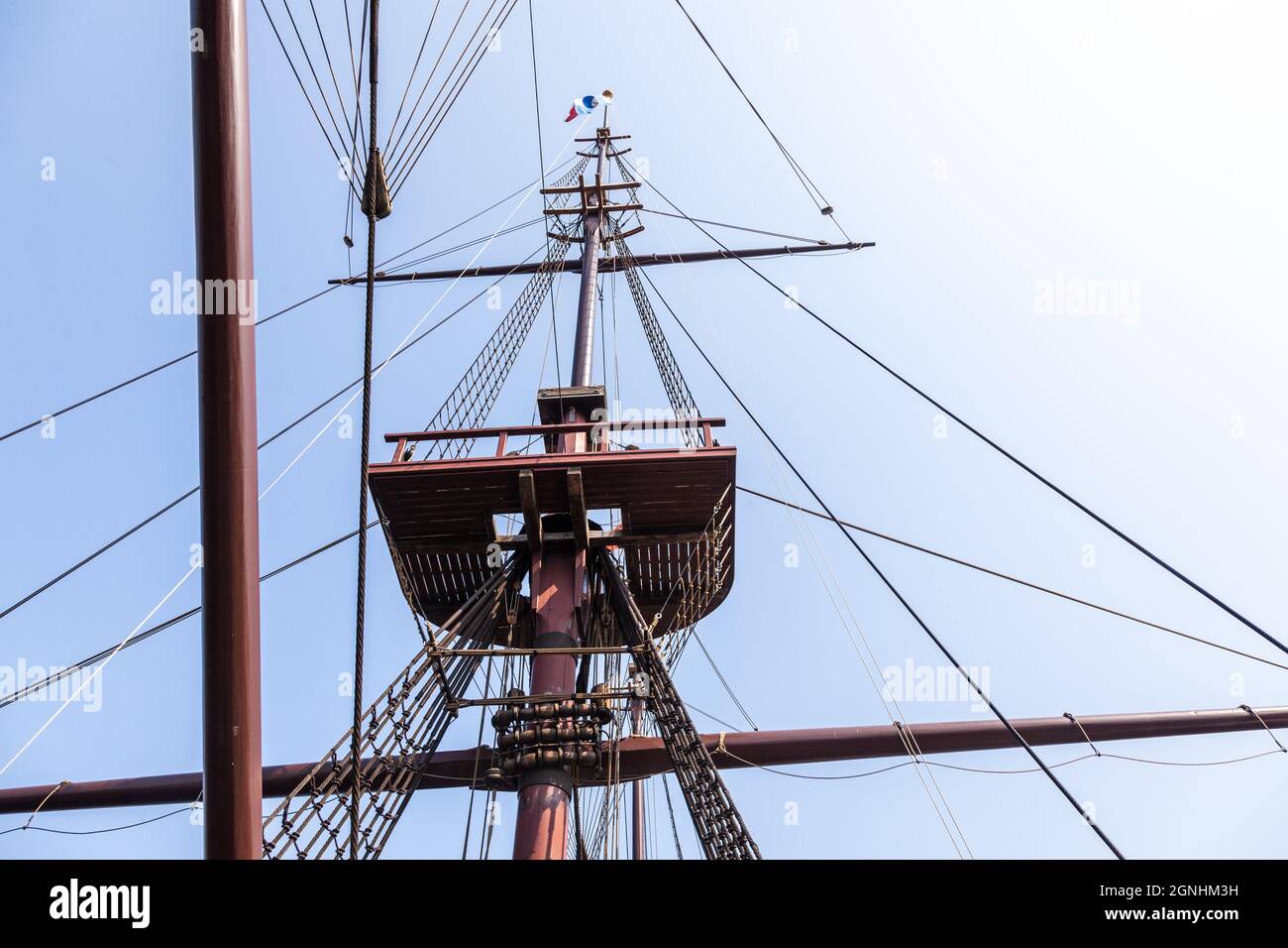 classic tall ship with rope rigging and sails. and crows nest Stock ...