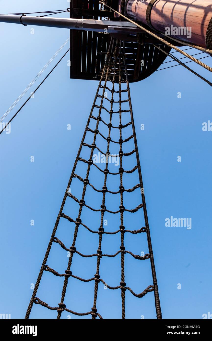 classic tall ship with rope rigging and sails. and crows nest Stock ...