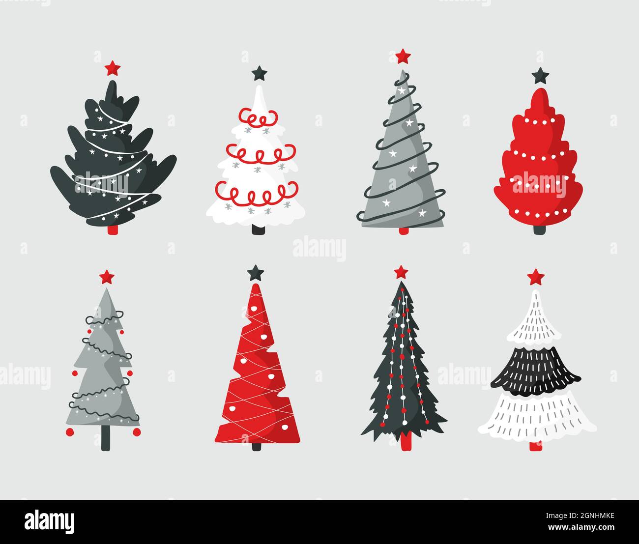 Set of gray and red christmas tree icons. Xmas symbol, simple pictogram ...