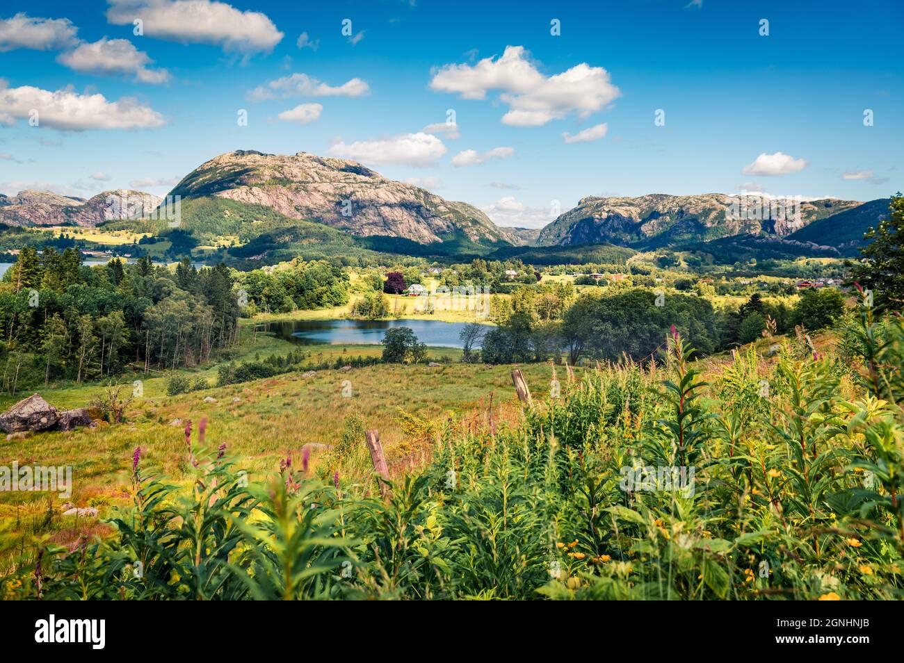 Typical countryside Norwegian landscape. Summy summer morning in Norway ...