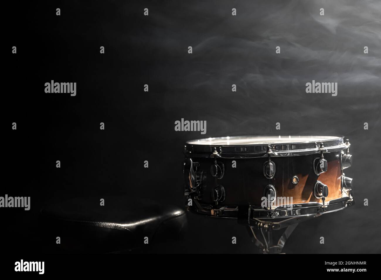 Snare drum on black background, percussion instrument in the dark with ...
