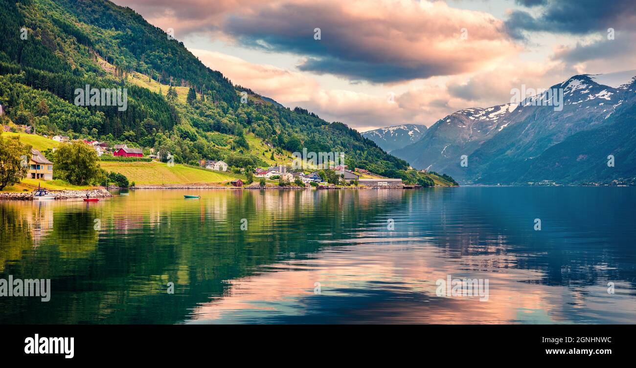 Splendid summer sunrise in Lofthus village in Ullensvang municipality ...