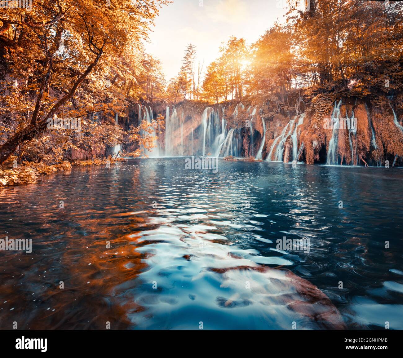 Splendid morning view of pure water waterfall in Plitvice National Park ...