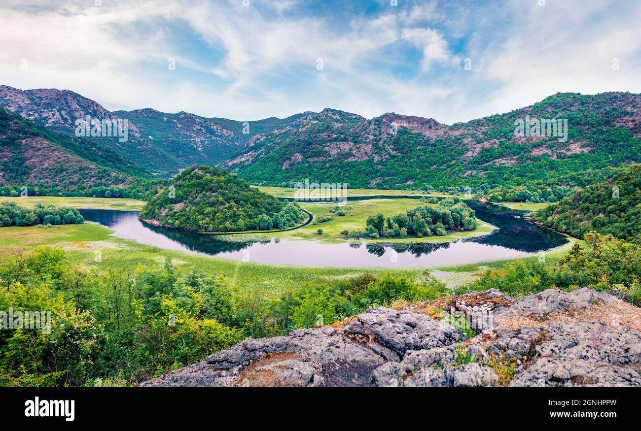 Aerial view of meandering Canyon of Rijeka Crnojevica river, Skadar lake lacation. Marvelous ...