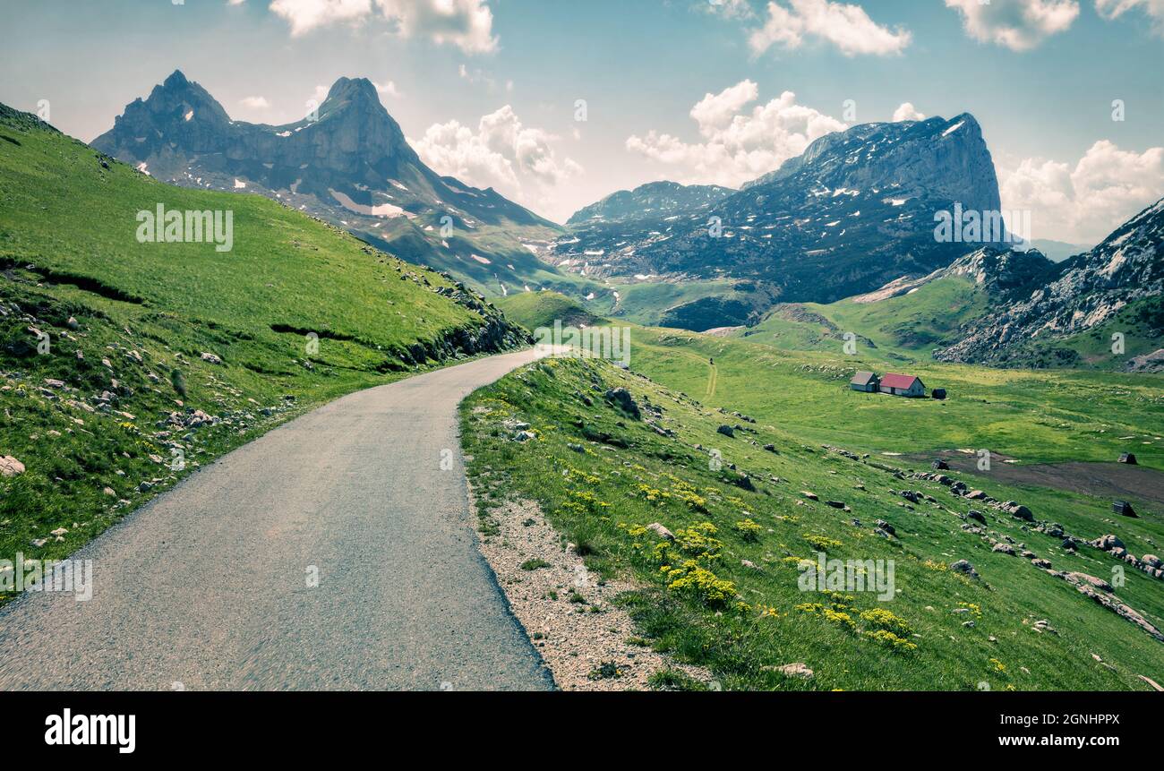Sunny summer view of Sedlo pass. Picturesque morning view of Durmitor ...