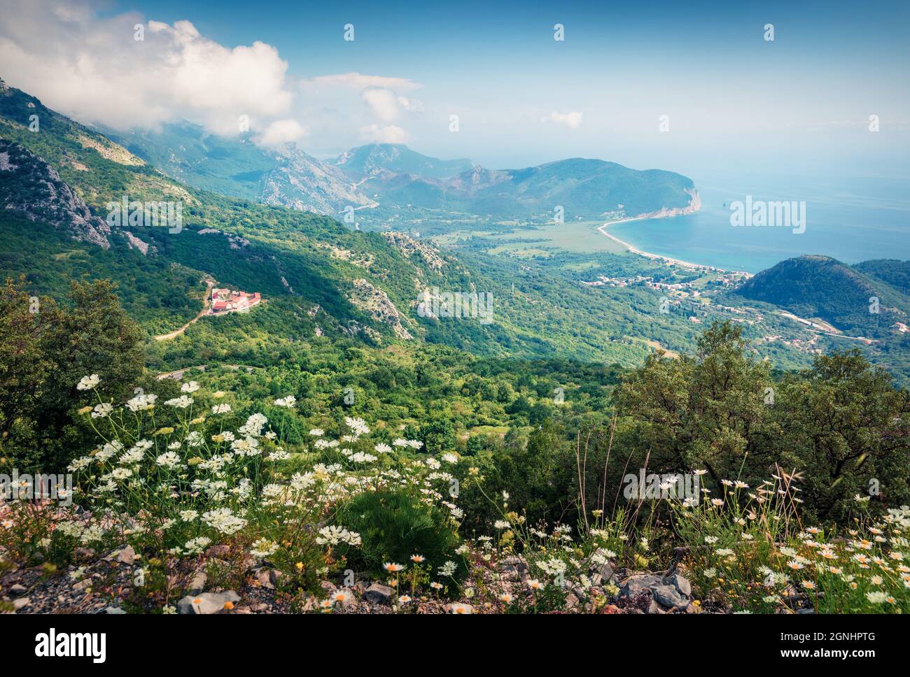 Spectacular morning seascape of Adriatic sea with Petrovac town on ...