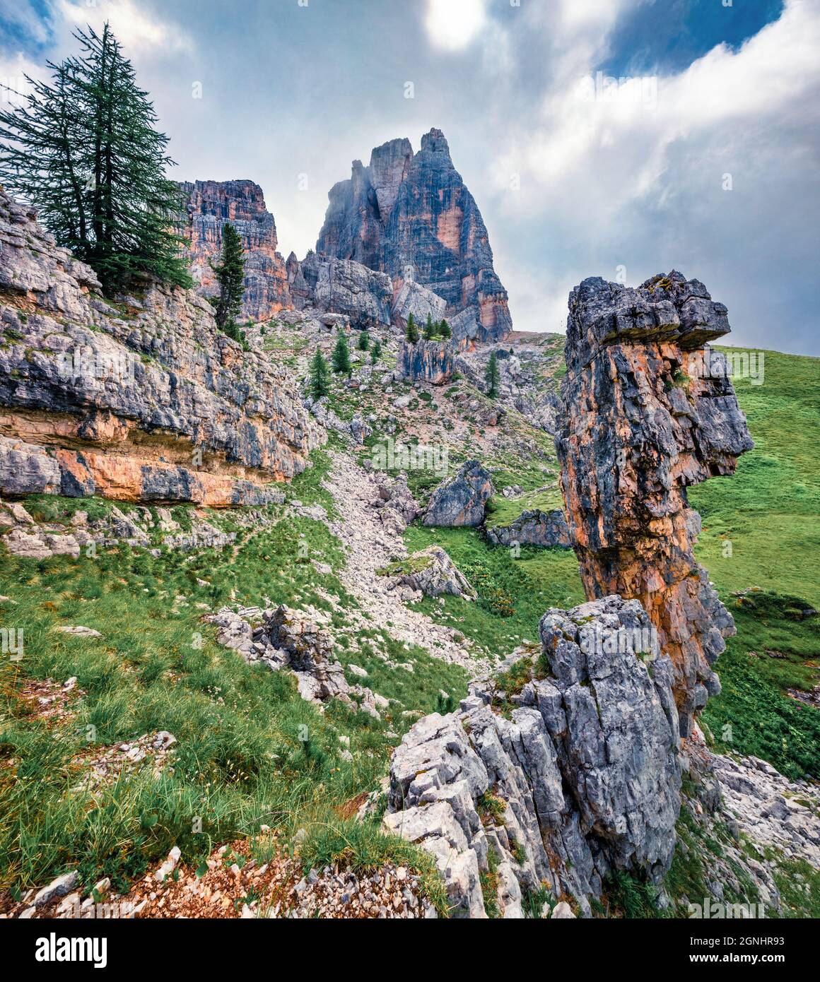 Rocky morning view of Cinque Torri mountain range. Great summer scene ...