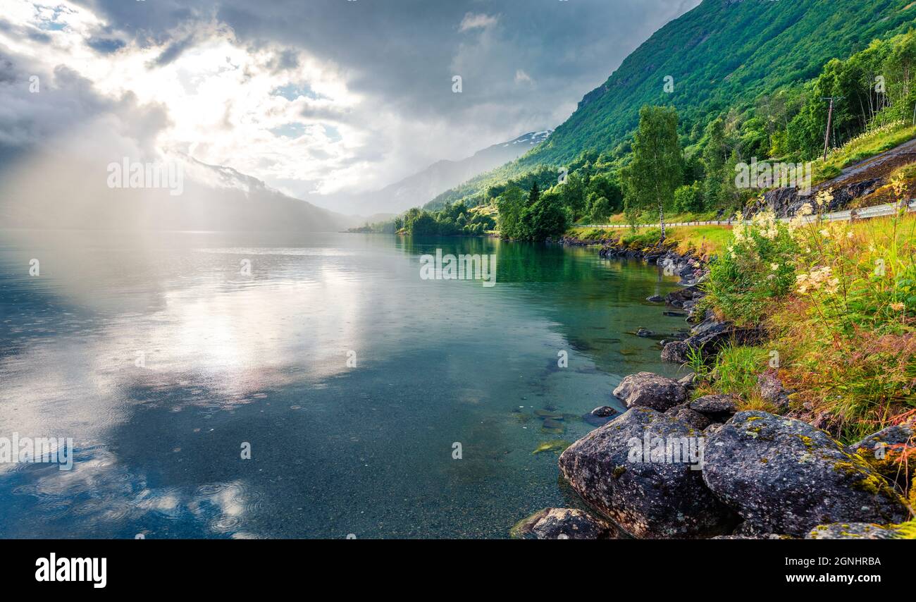 Dramatic summer view of Lovatnet lake, municipality of Stryn, Sogn og ...
