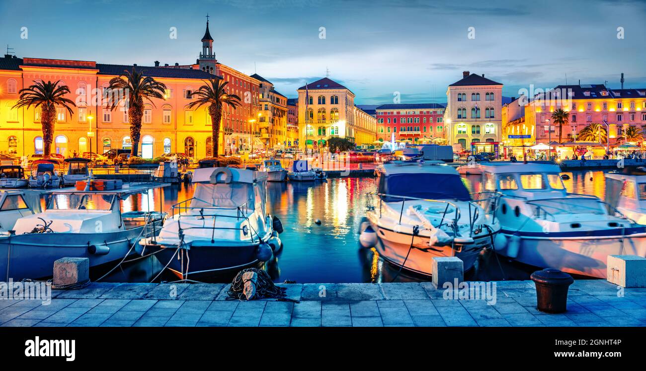 Colorful evening cityscape of Split town.Splendid summer sunset in ...